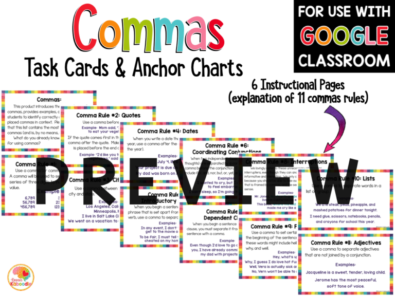 Commas Task Cards and Anchor Charts