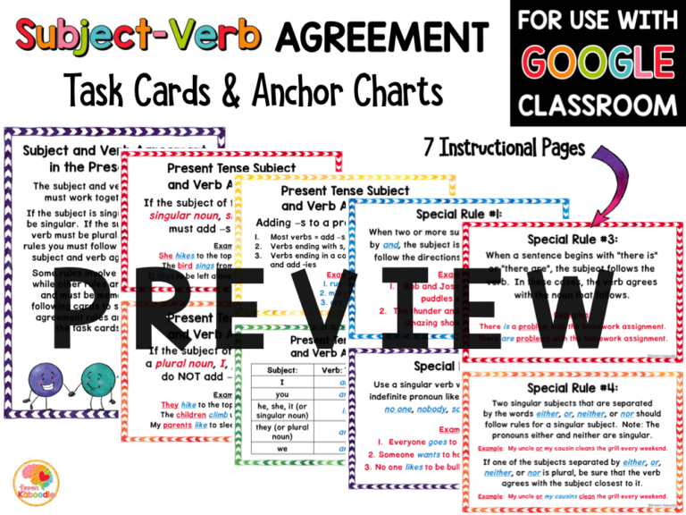 Subject-Verb Agreement Anchor Charts and Task Cards