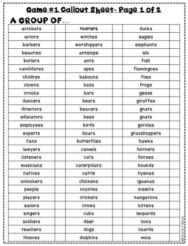 Collective Nouns List and BINGO Game