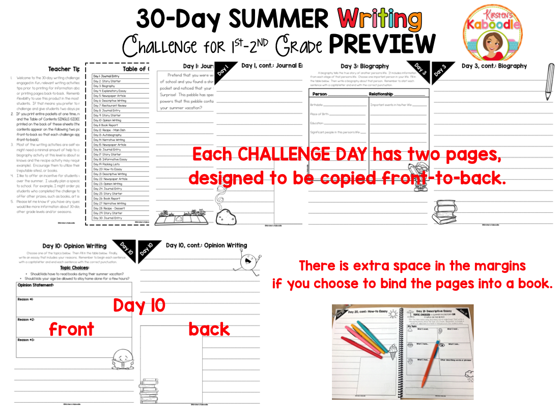 30 Day Summer Writing Challenge for 1st and 2nd Grade
