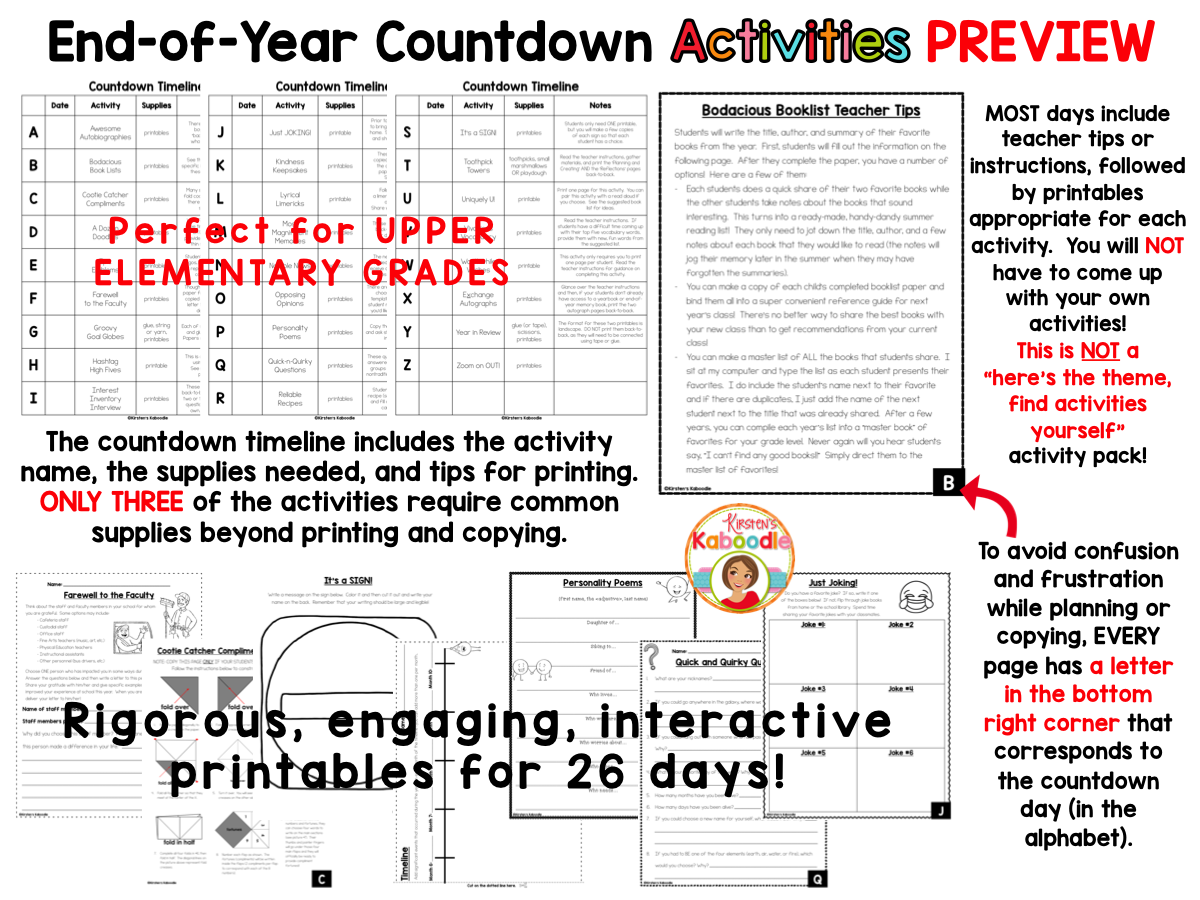 End of Year Countdown Alphabet Activities for Upper Grades