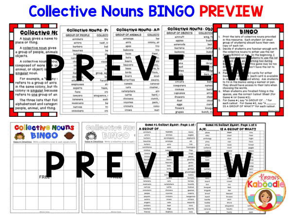Collective Nouns List and BINGO Game