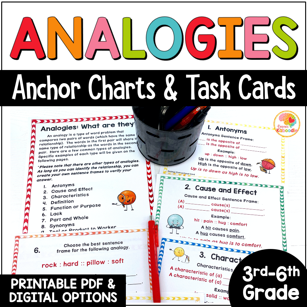 Analogies Task Cards and Anchor Charts for 3rd-6th Grade