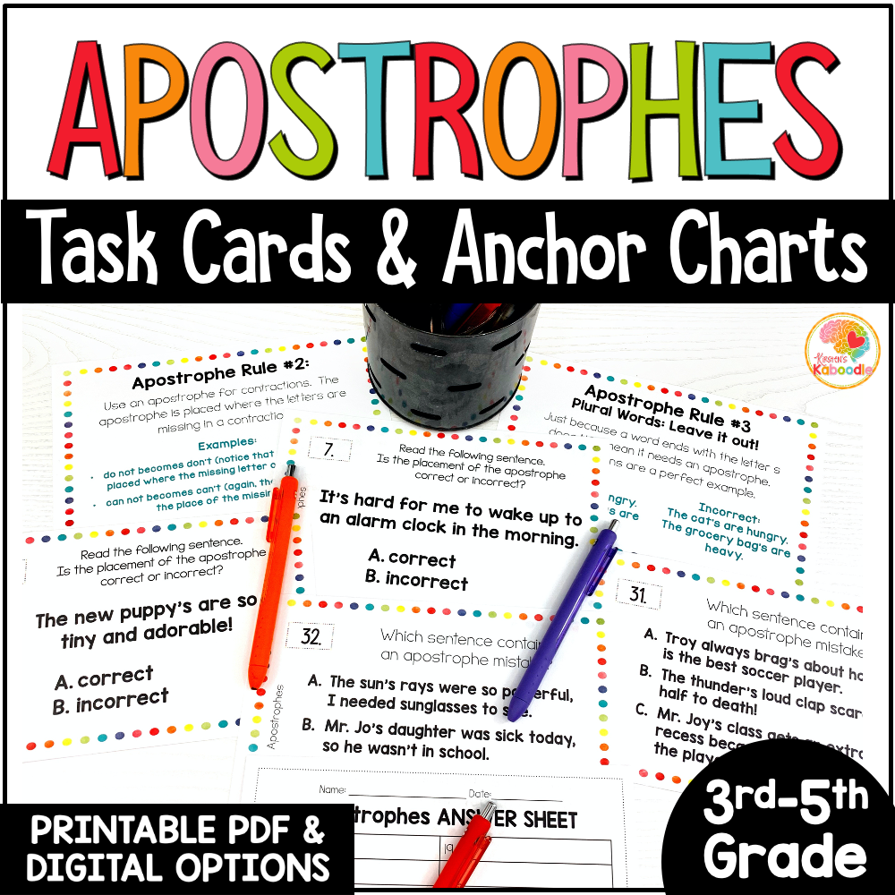 Apostrophes Rules Task Cards & Anchor Charts for 3rd-5th Grade