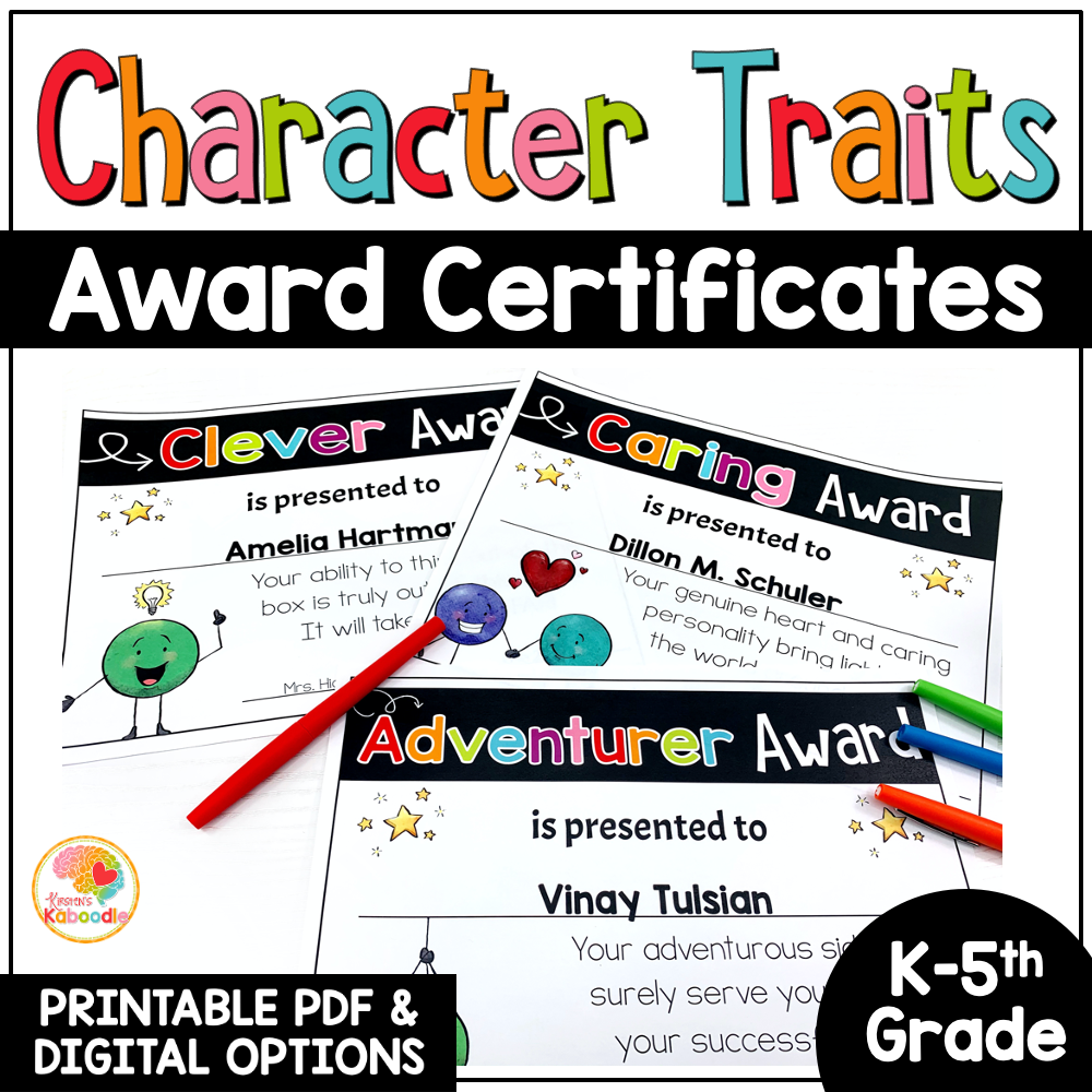 Editable End Of Year Character Traits Awards Certificates
