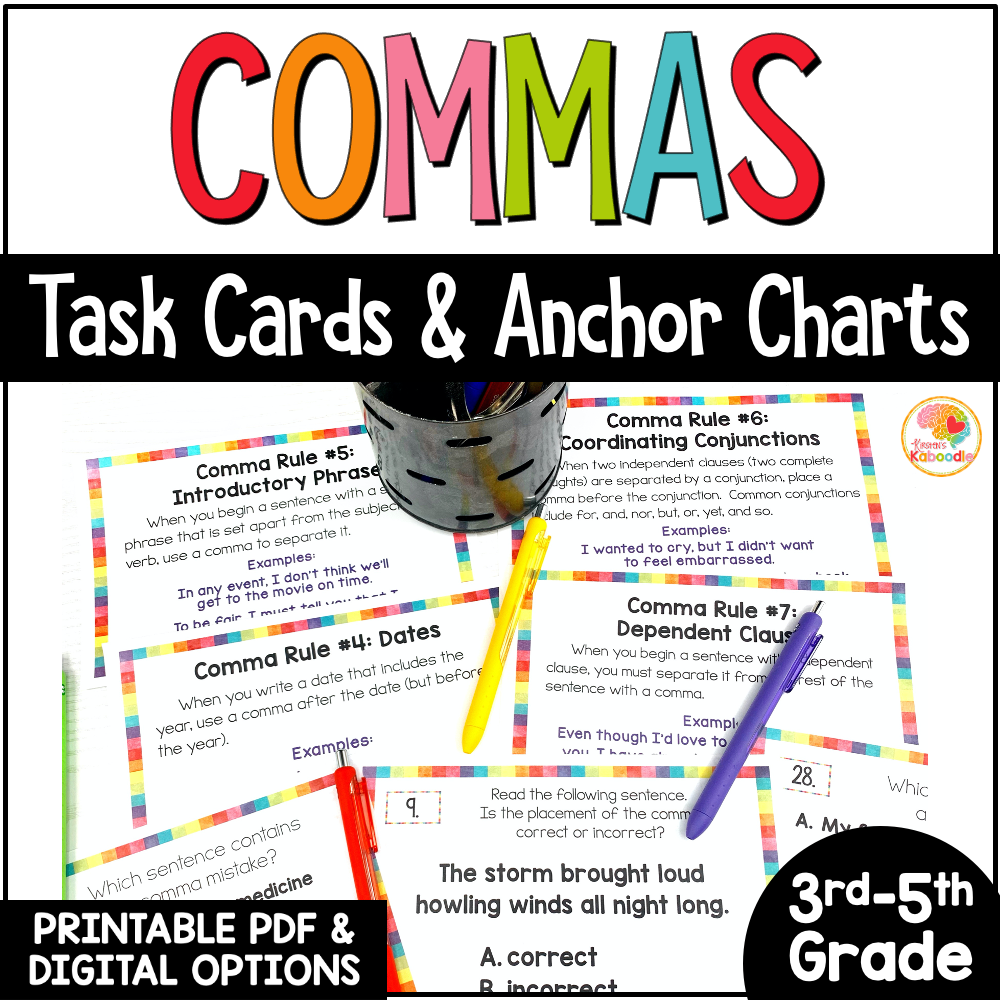 Commas Task Cards Activities and Anchor Charts with Rules