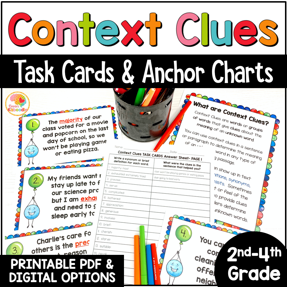 Context Clues Task Cards and Anchor Charts for 2nd-4th Grade