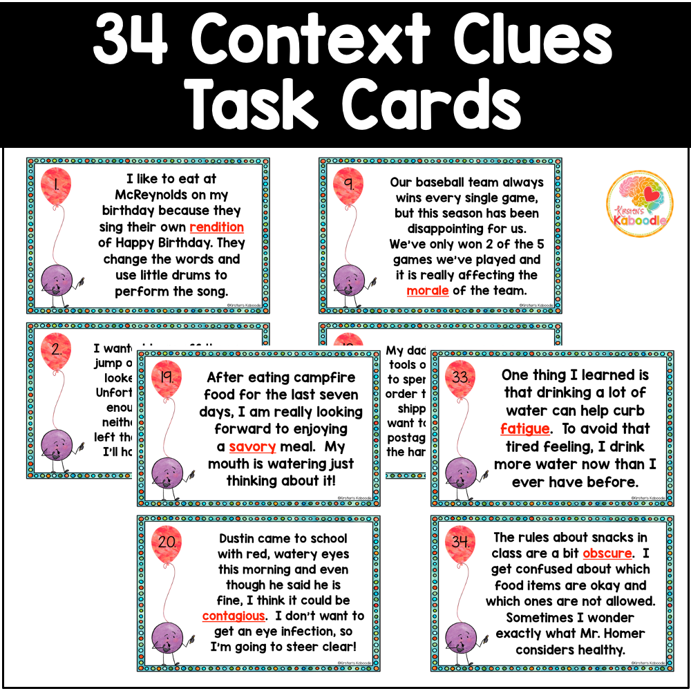 Classroom Learning Cards Context Clues Practice Cards - Reading ...