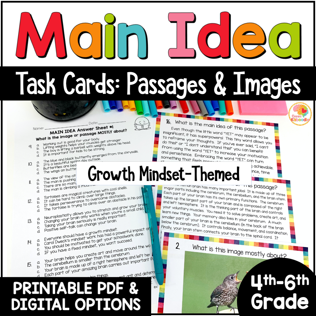 Main Idea and Details Task Cards: Growth Mindset Activities