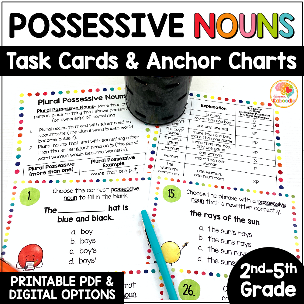 Possessive Nouns Task Cards and Anchor Charts Activities