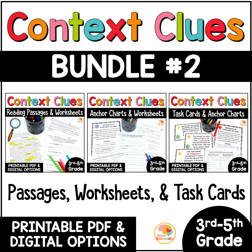 Context Clues Activities: Worksheets, Task Cards, and Passages