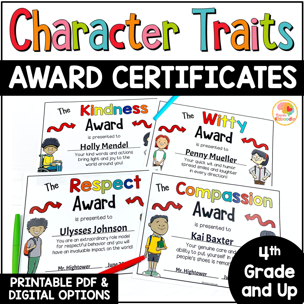 End of Year Character Traits Awards for Upper Grades