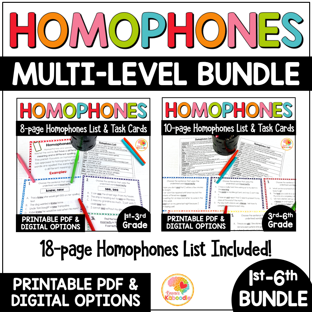Homophones Activities: Task Cards, List, & Anchor Charts BUNDLE
