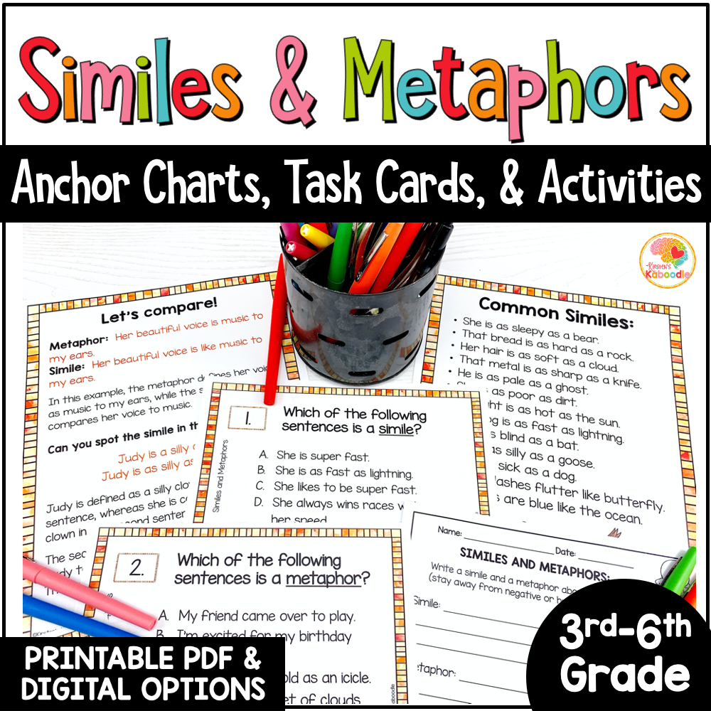 Simile and Metaphor Task Cards, Anchor Charts, and Worksheets