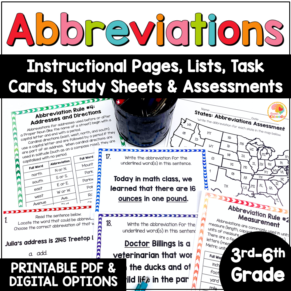 Abbreviations Activities: Rules, Task Cards, Study Sheets, & MORE