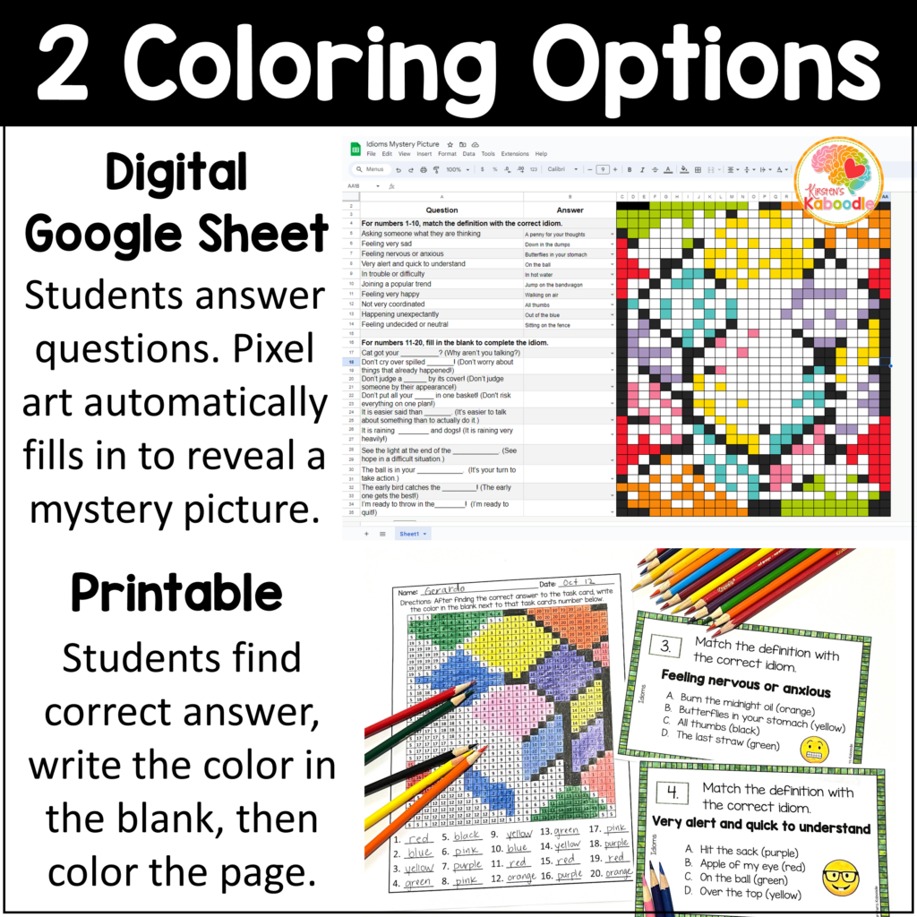 Idioms Color by Number Figurative Language Pixel Art Activity