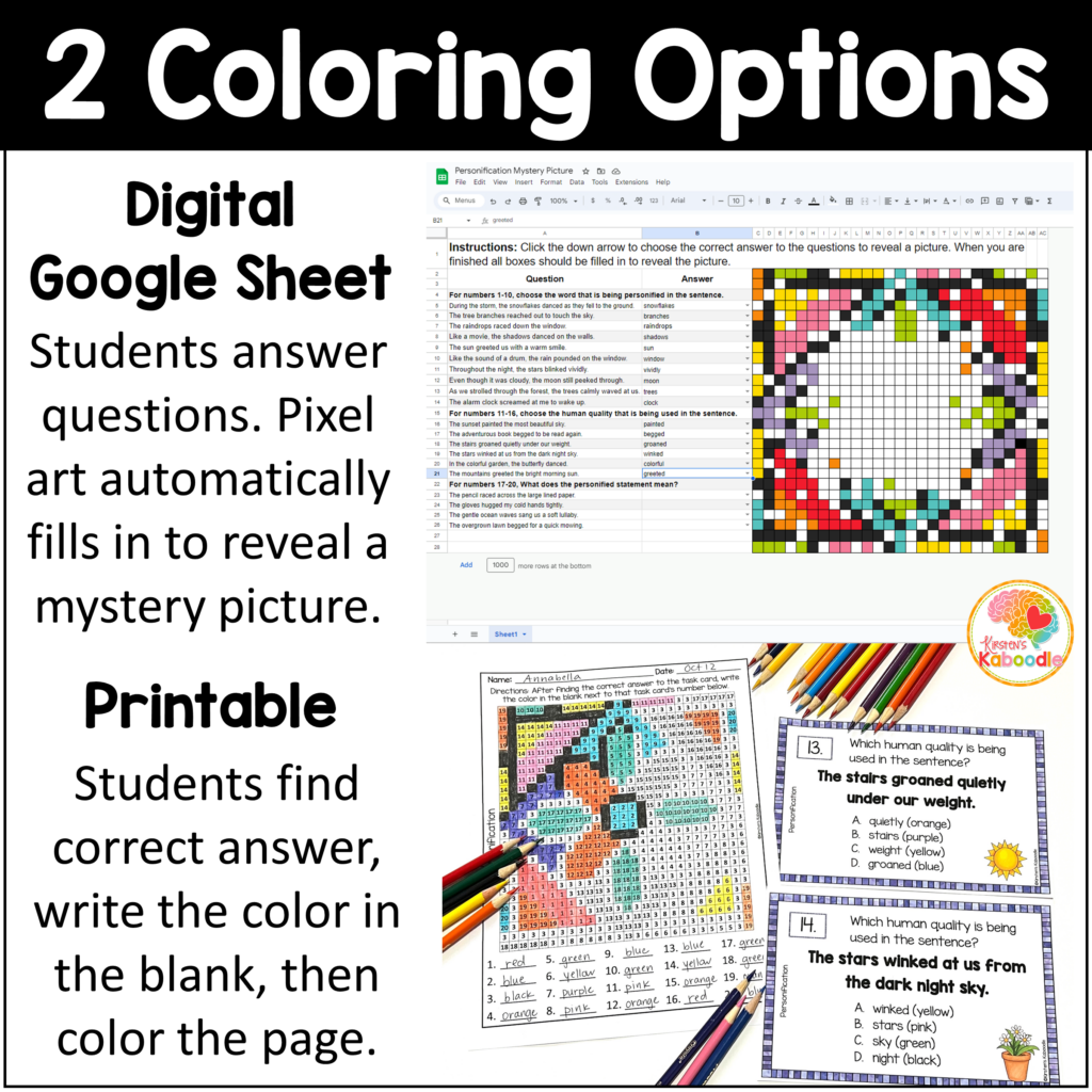 Personification Color by Number Mystery Pixel Art Activity