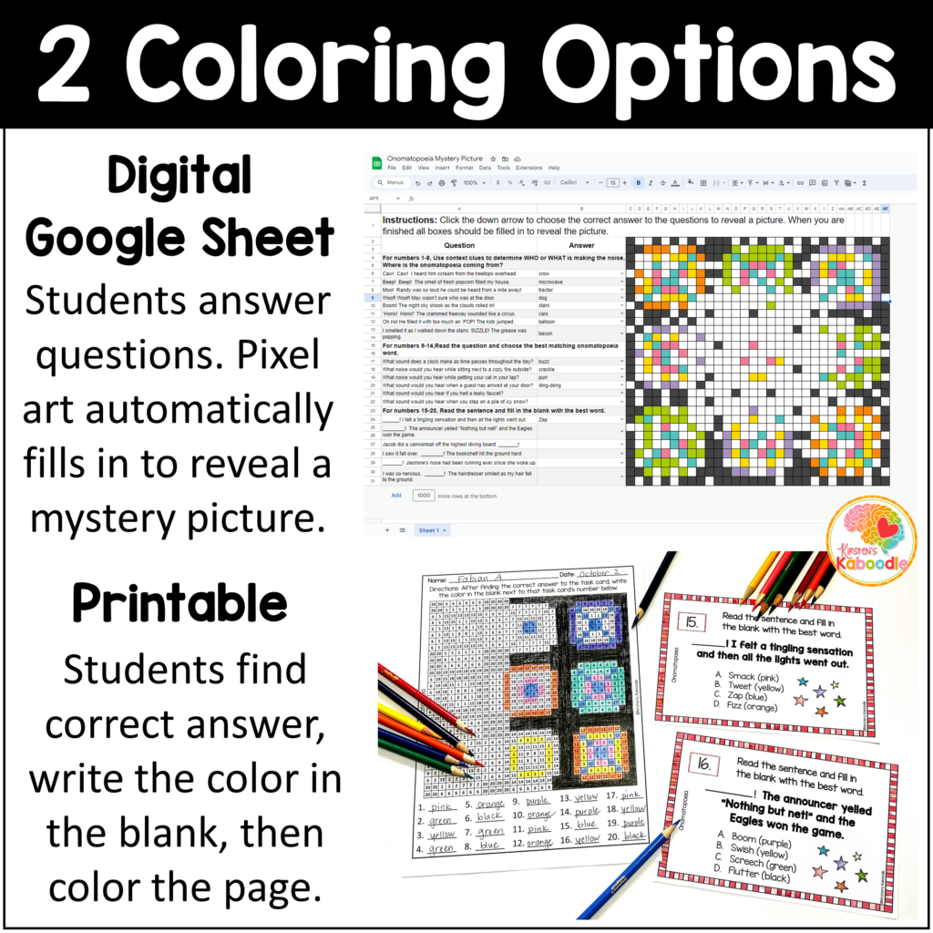 Onomatopoeia Color by Number Mystery Pixel Art Activity w/ Digital