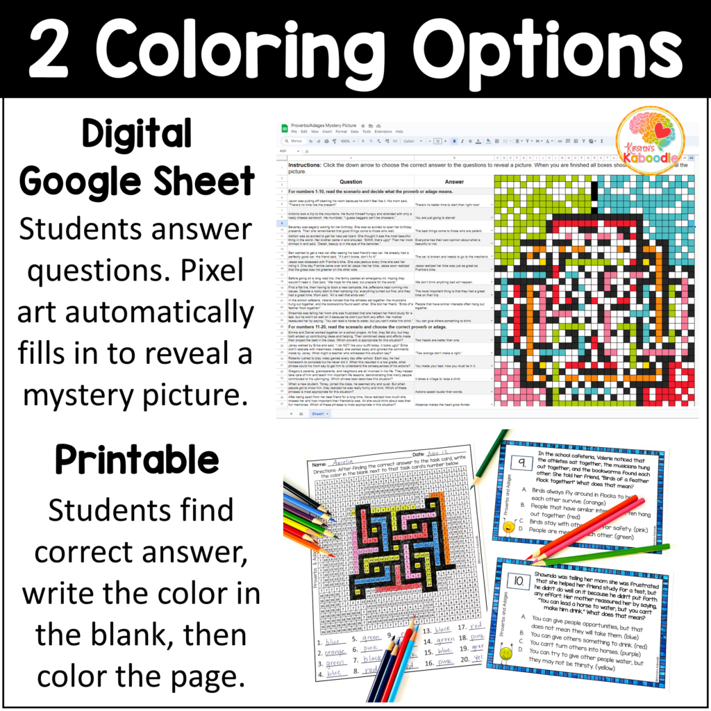 Proverbs and Adages Color by Number Mystery Pixel Art Activity