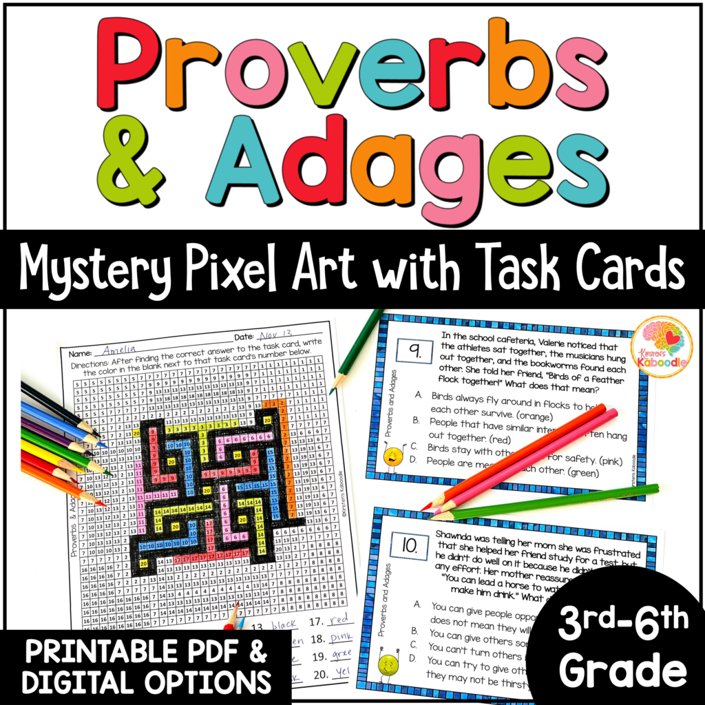 Proverbs and Adages Color by Number Mystery Pixel Art Activity
