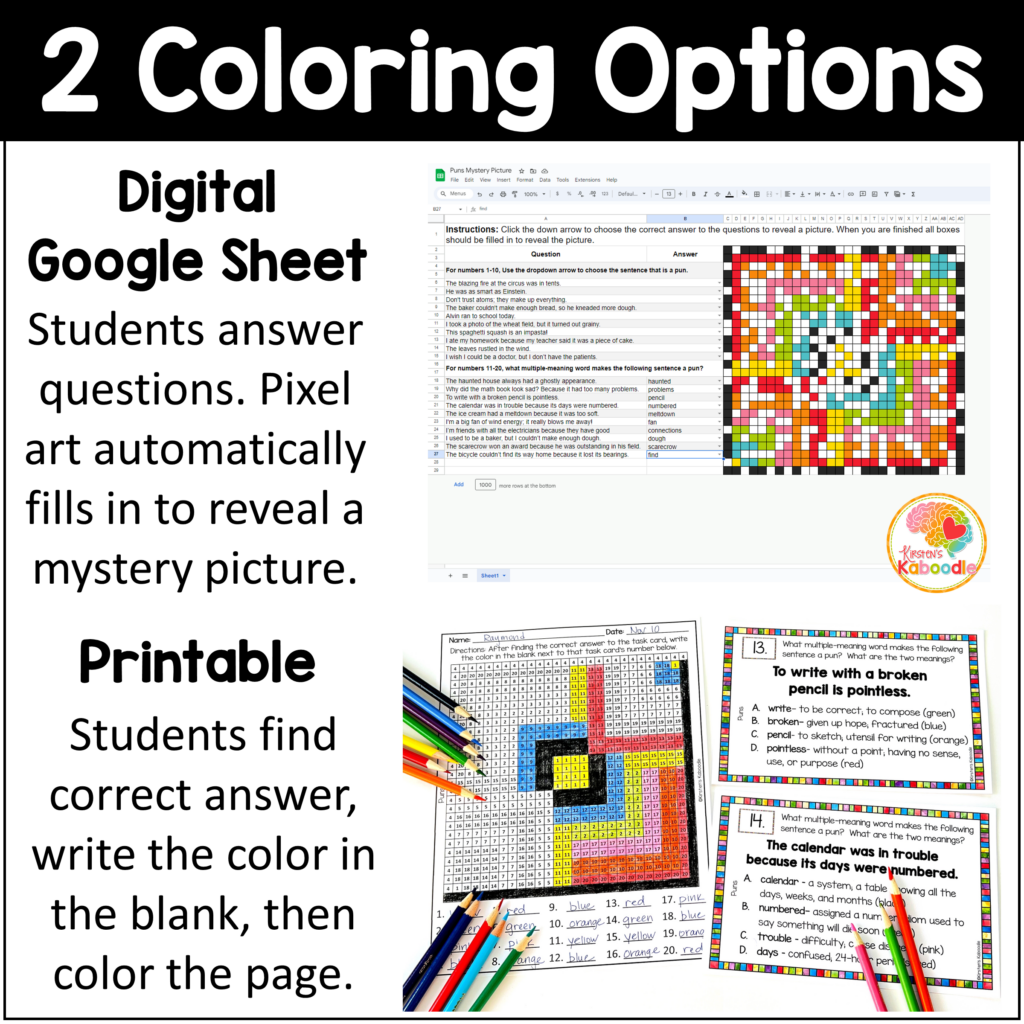 Puns Color by Number Mystery Pixel Art Activity