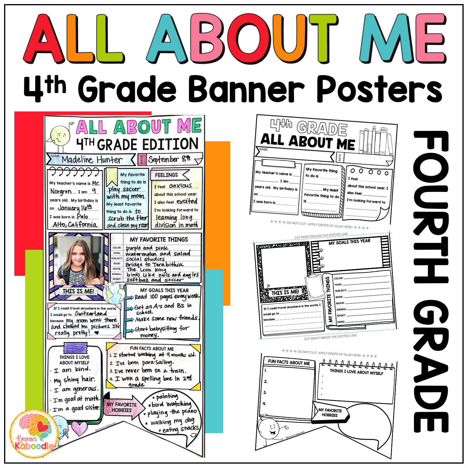 Fourth Grade All About Me Banner Posters for Back to School