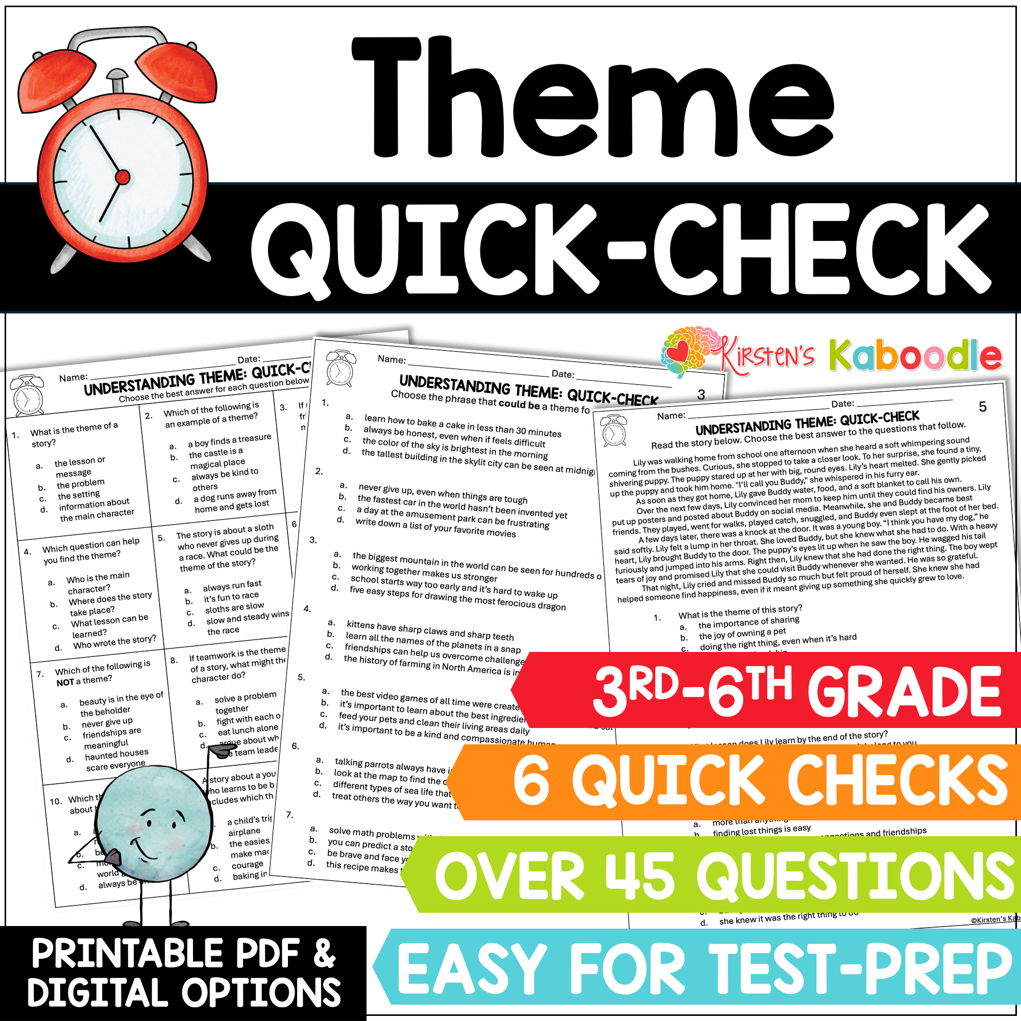 Teaching Theme Quick Check Worksheets 3rd, 4th, 5th, 6th Grade